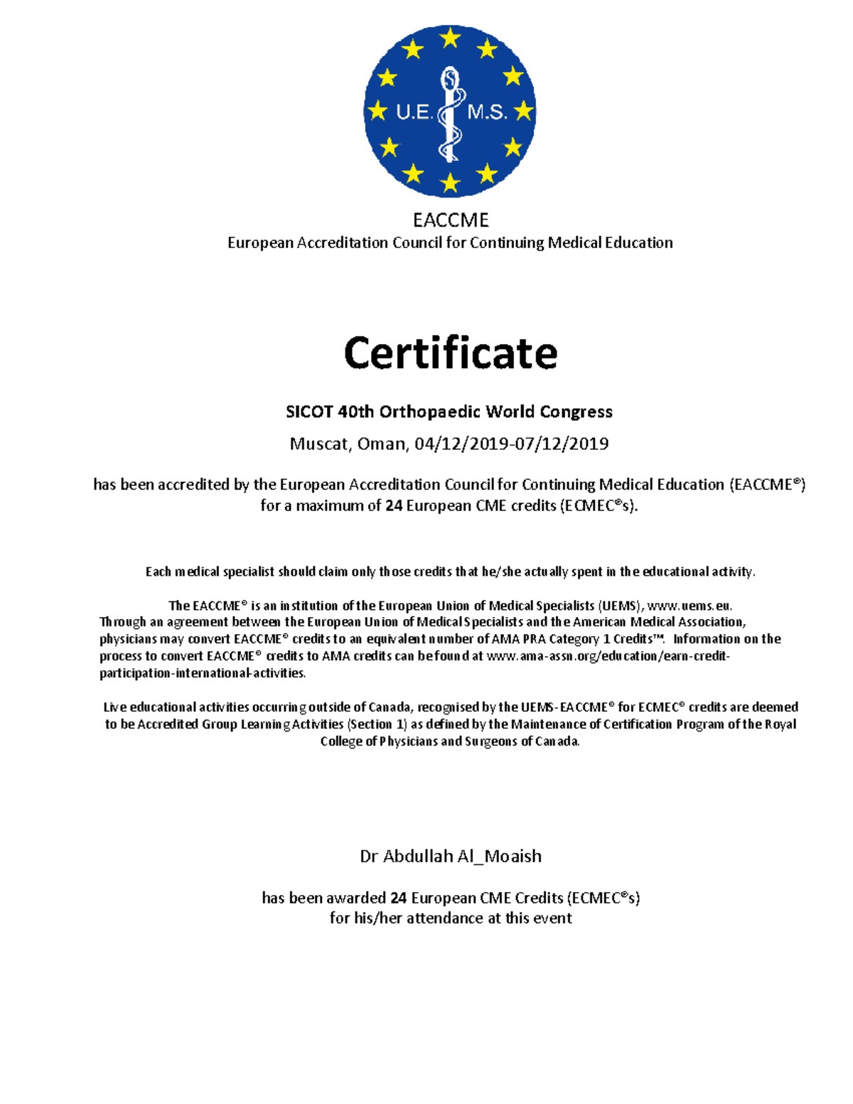 Certificate sicot 230118 223922 - EACCME European Accreditation Council ...