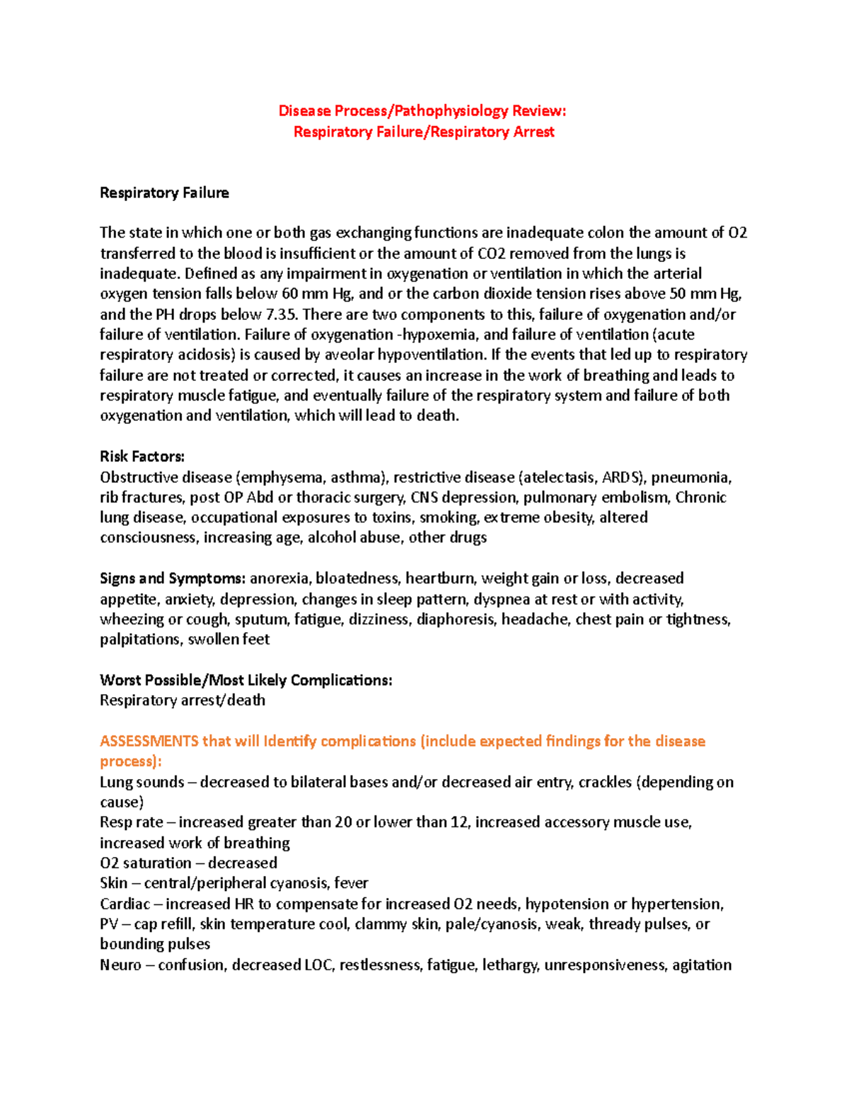 Patho Map- Respiratory Failure - Disease Process/Pathophysiology Review ...