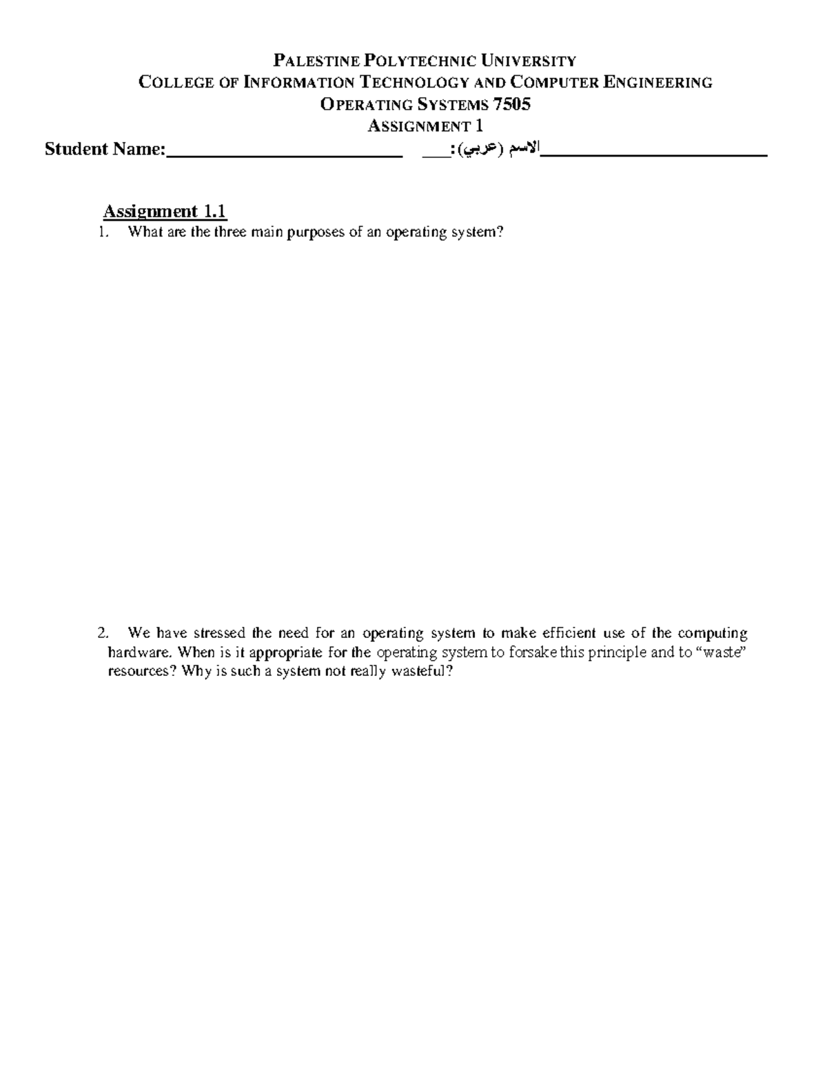 Assignment 1 -2024 - PALESTINE POLYTECHNIC UNIVERSITY COLLEGE OF ...