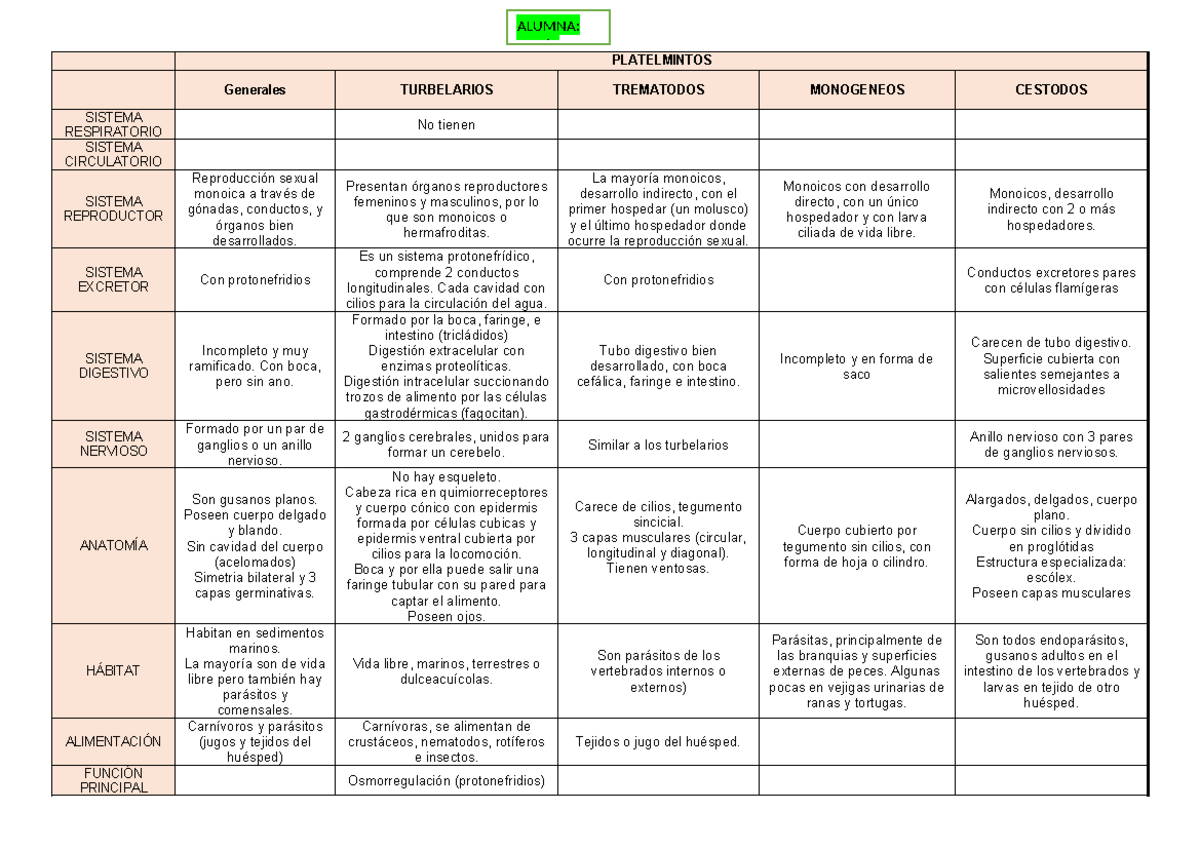 Cuadro comparativo platelmintos, anélidos, nematodos - PLATELMINTOS ...