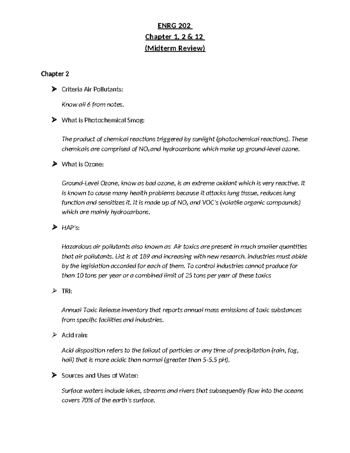 ENGR Midterm Review (chapter 2) - Chapter 1, 2 & 12 (Midterm Review) Chapter 2 Criteria Air ...