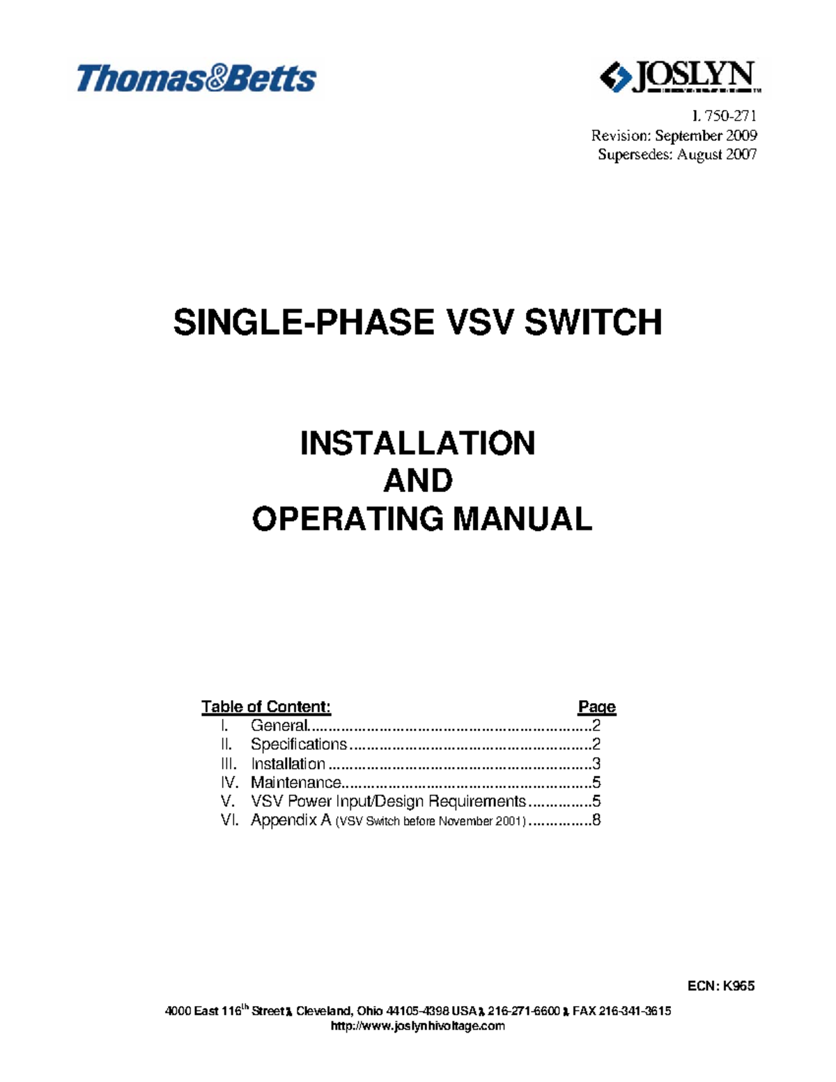 Single Phase VSV Switch Instruction Manual - Revision: September 2009 ...