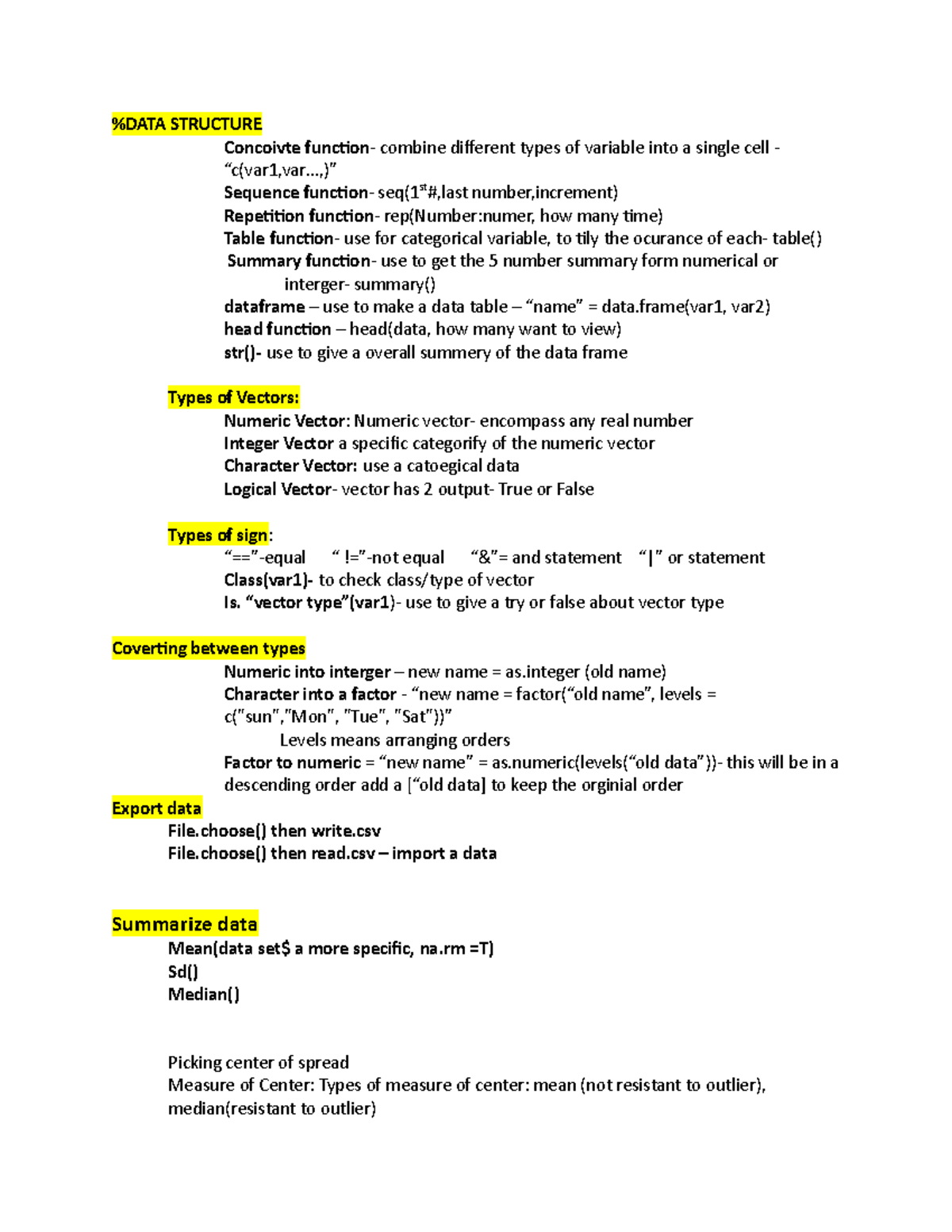 STAT 1601 exam 1 review sheet - %DATA STRUCTURE Concoivte function ...