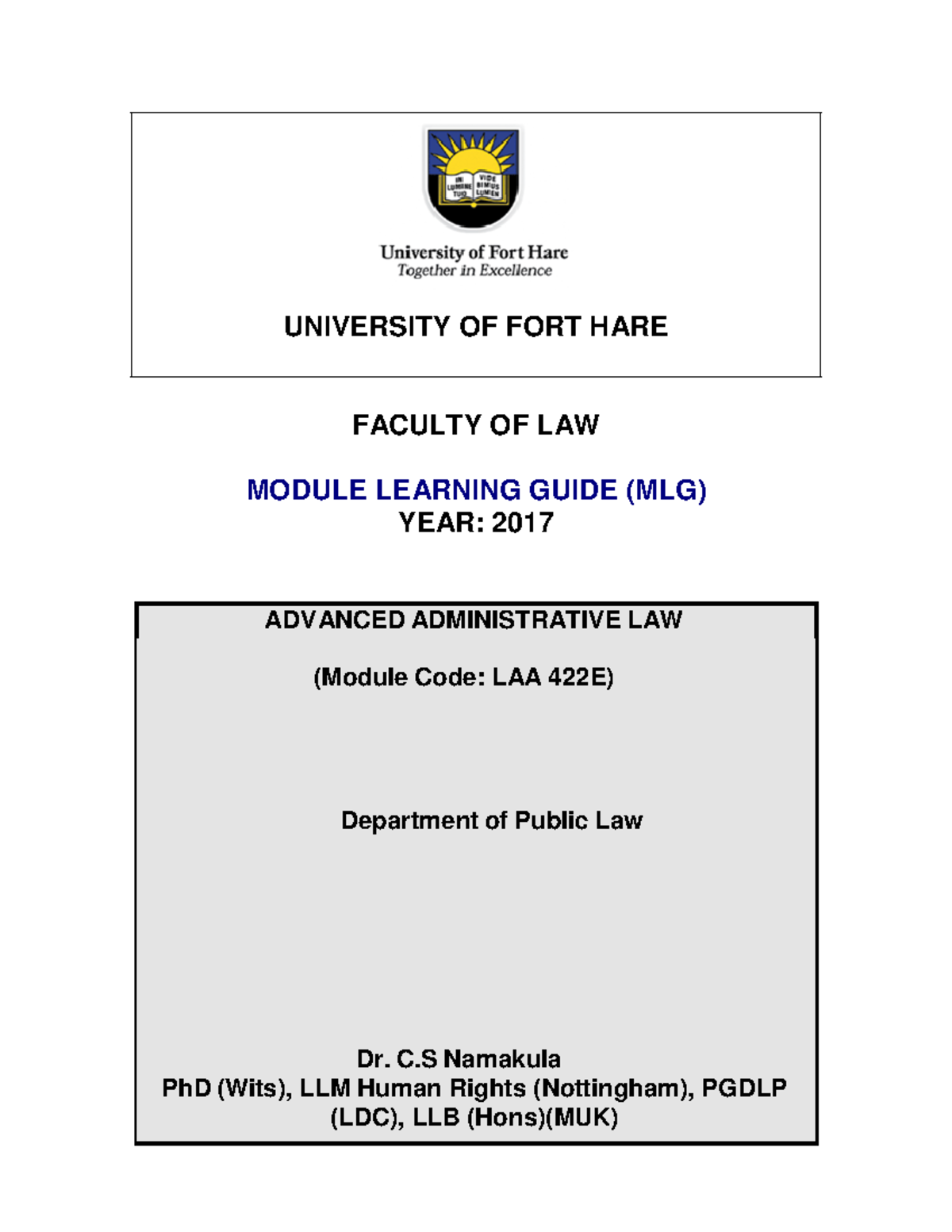 Advanced Administrative LAW Module Learning Guide 2017 - UNIVERSITY OF ...