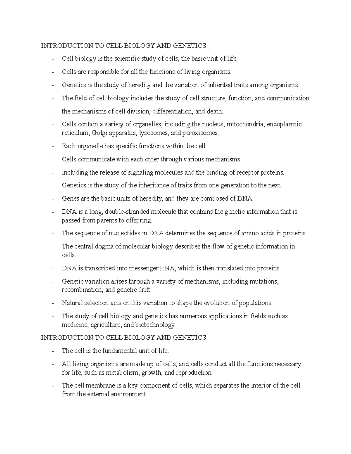Introduction TO CELL Biology AND Genetics Notes 1 - INTRODUCTION TO ...