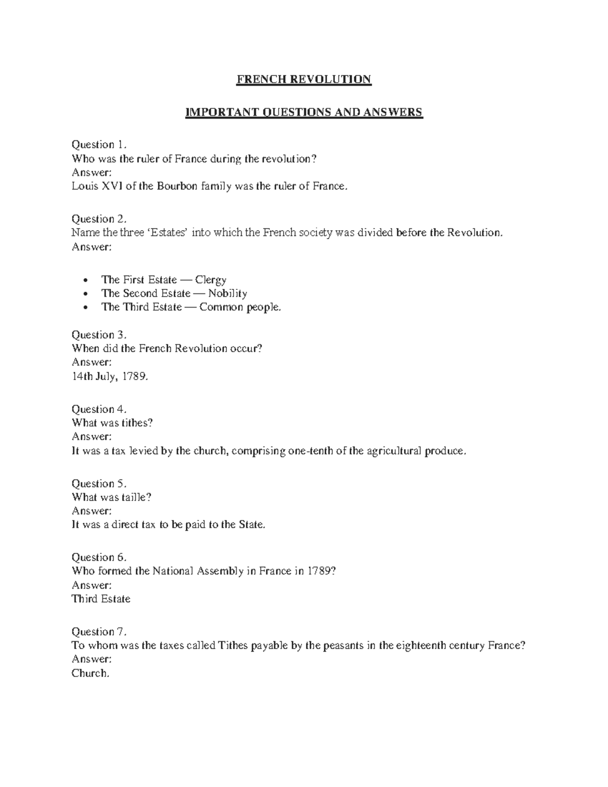 French Revolution Important Questions AND Answers - FRENCH REVOLUTION ...