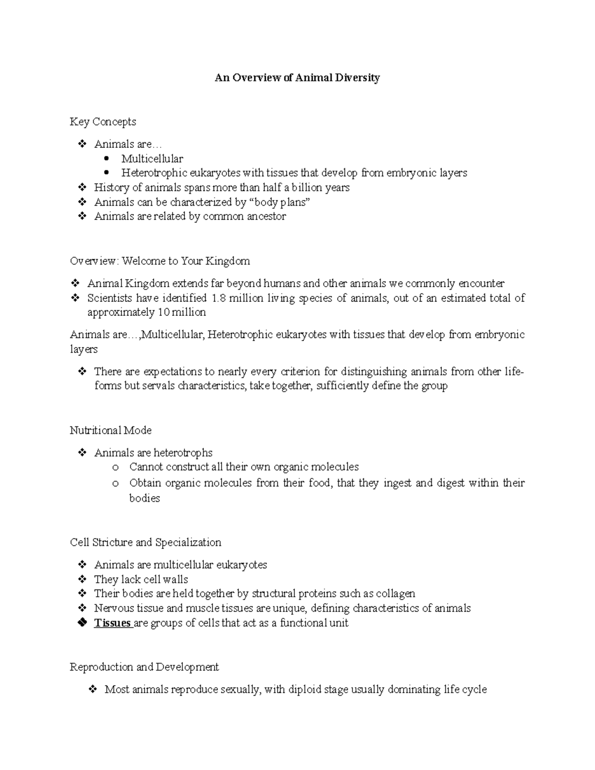 An Overview of Animal Diversity Notes - An Overview of Animal Diversity ...