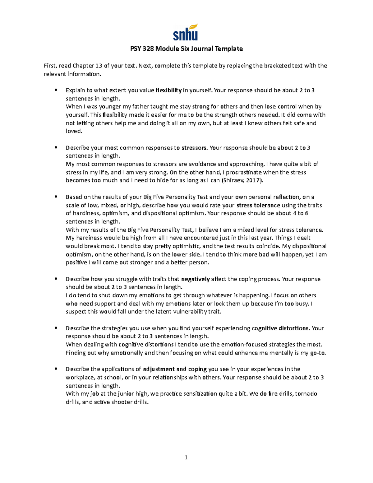 PSY 328 Module Six Journal - Next, complete this template by replacing the bracketed text with ...