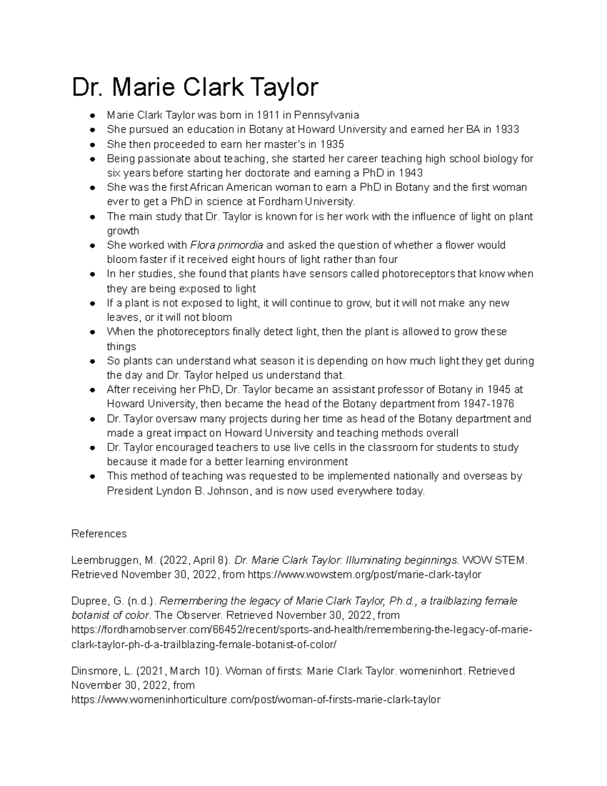 Scientist Spotlight - notes on cell biologist Dr. Marie Clark Taylor ...