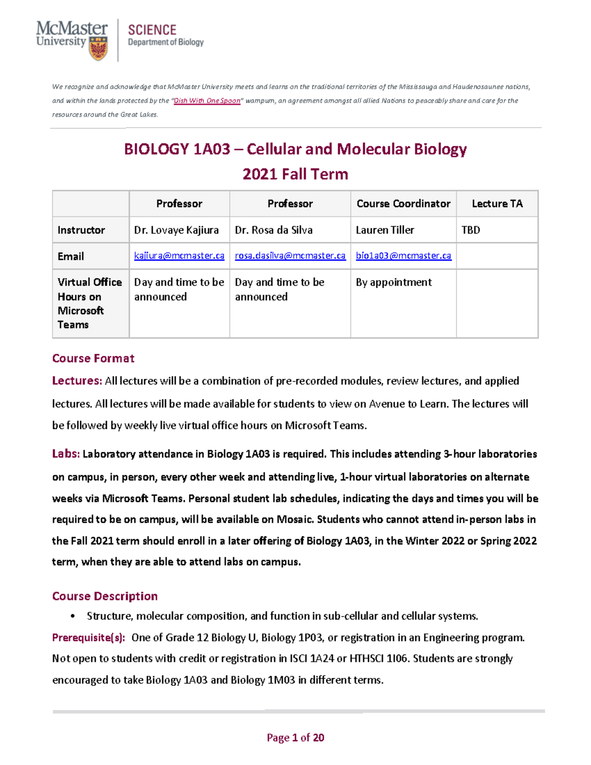 Bio1A03 F2021 Course Outline - We recognize and acknowledge that ...