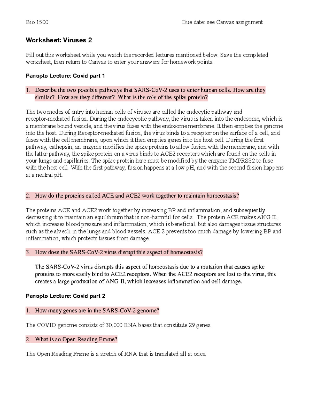 #23 viruses 2 - Bio 1500 Due date: see Canvas assignment Worksheet ...
