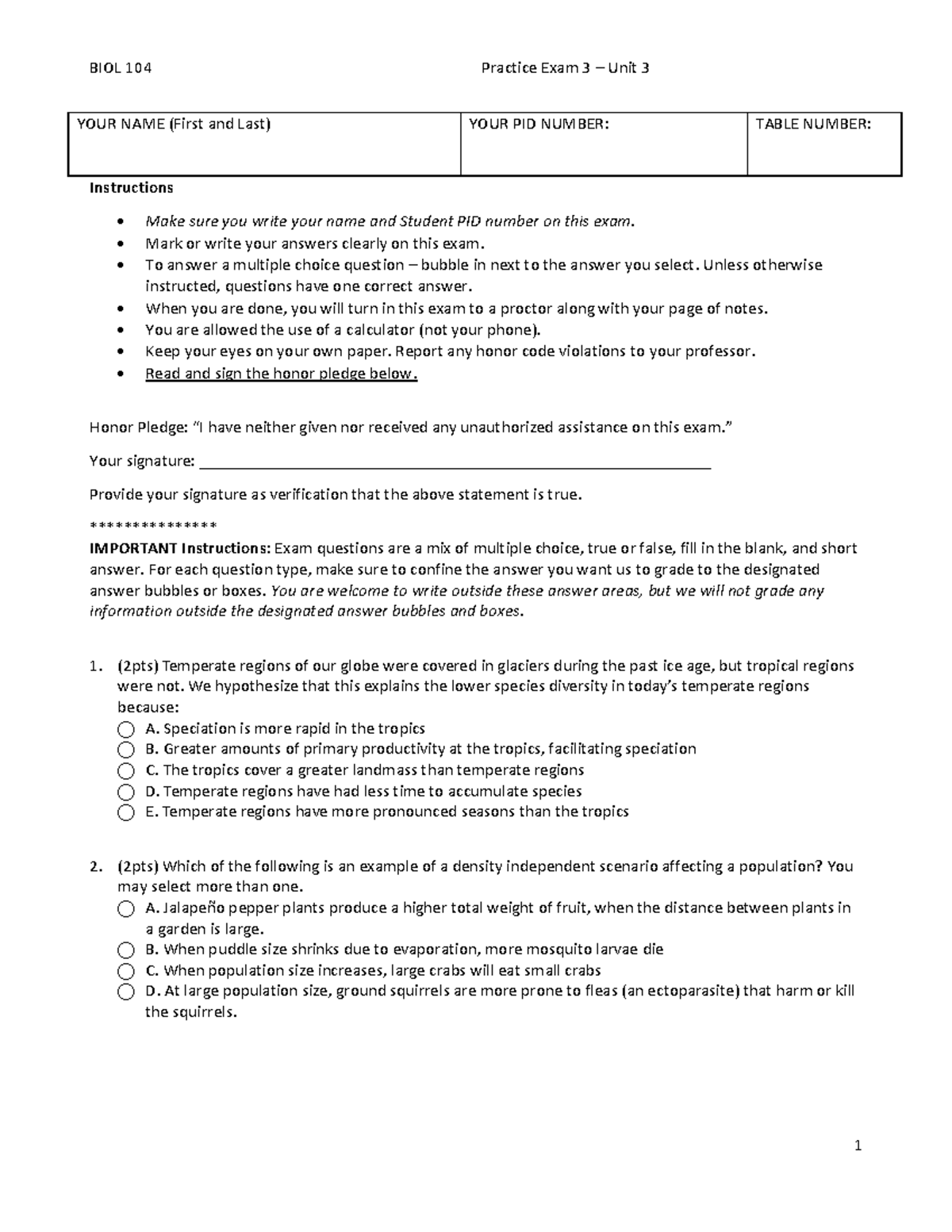 BIOL Practice Exam3 - YOUR NAME (First and Last) YOUR PID NUMBER: TABLE ...