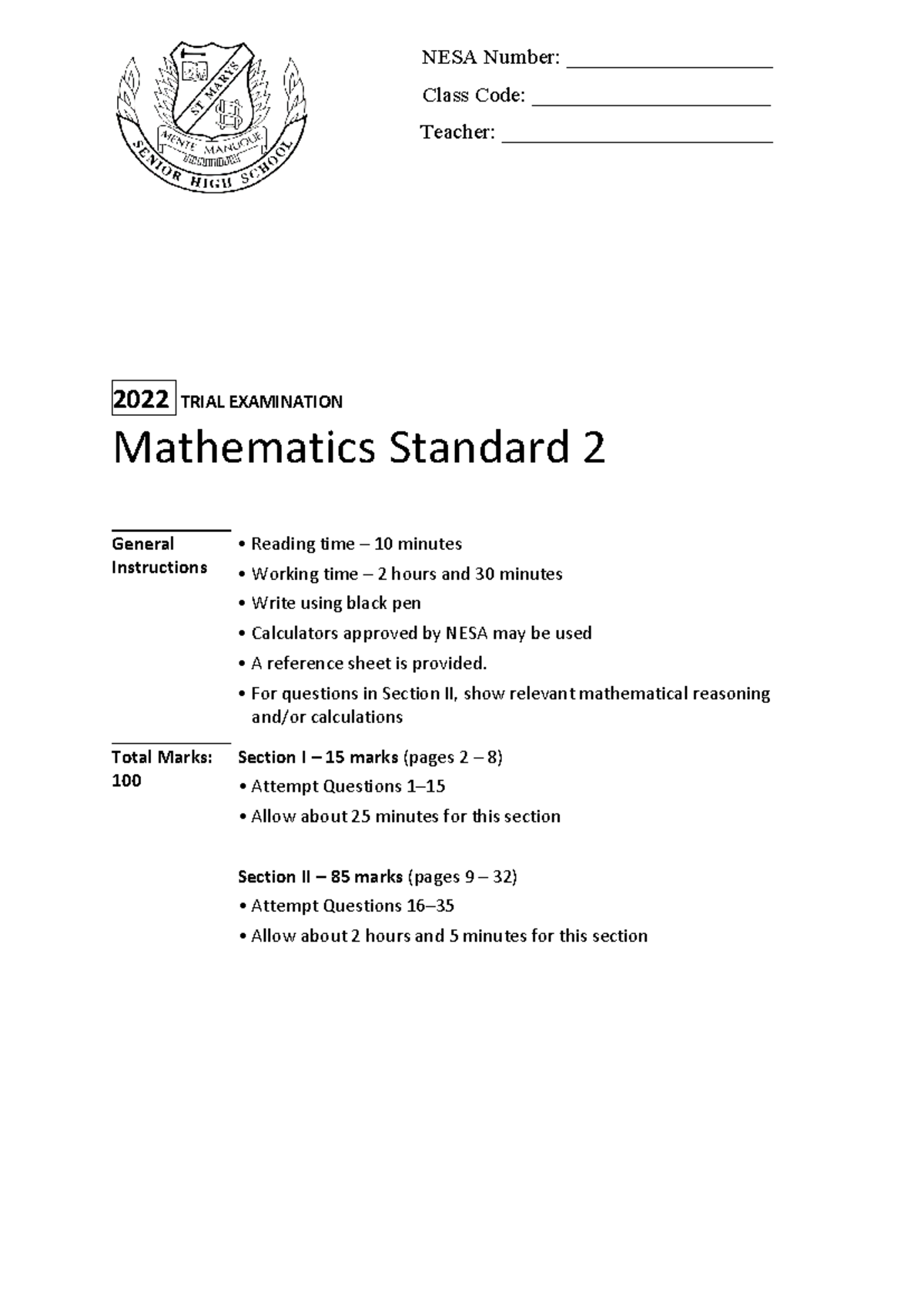 Maths 1 - n/a - NESA Number: ___________________ Class Code ...