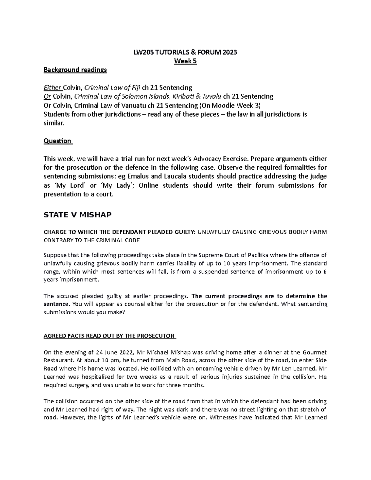 Week 5 Tutorials Forum 2023 - LW205 TUTORIALS & FORUM 2023 Week 5 Background readings Either ...