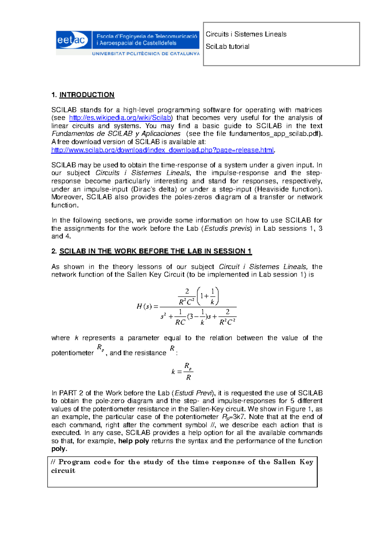 Scilab tutorial - Circuits i Sistemes Lineals SciLab tutorial 1 ...