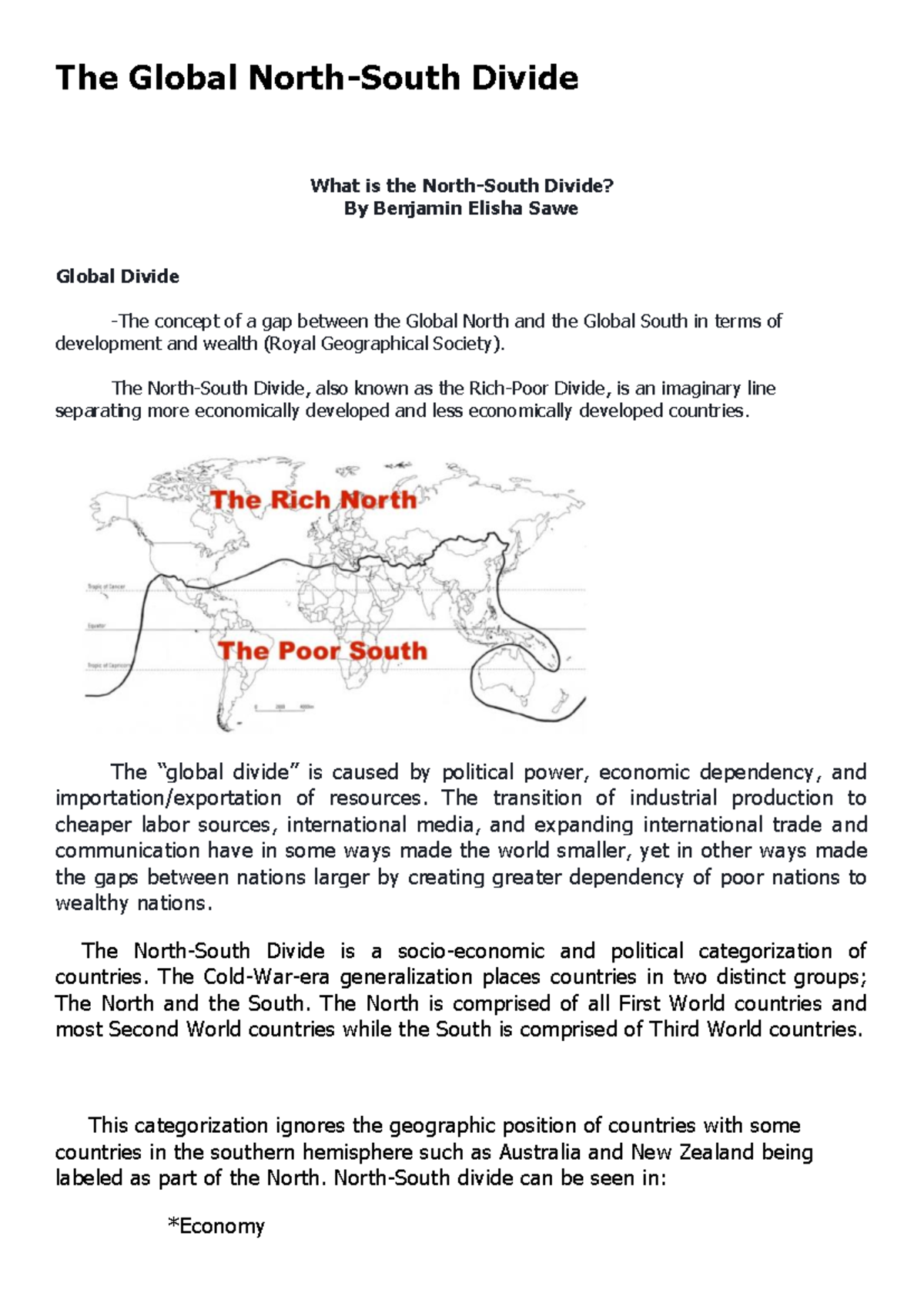 5 - A lecture under CWorld - The Global North-South Divide What is the ...