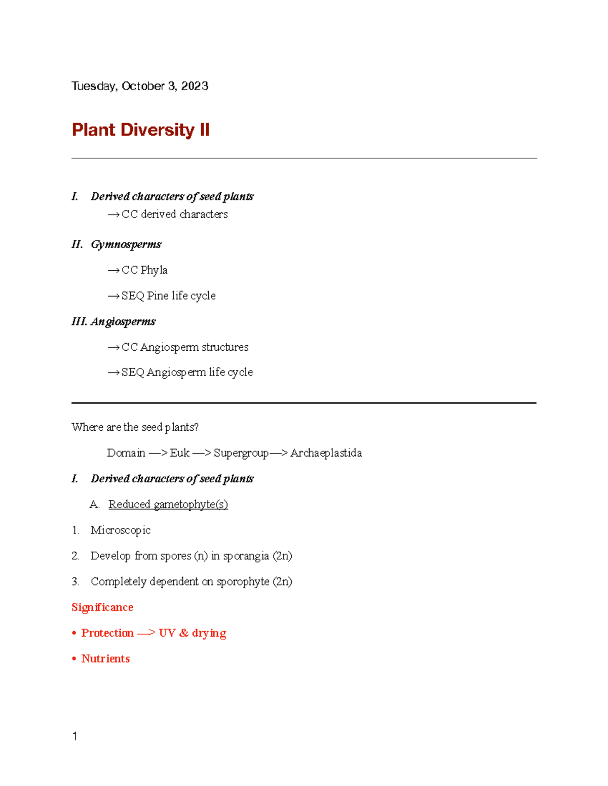 Lecture 9 (10/03/23) Plant Diversity II - Tuesday, October 3, 2023 ...