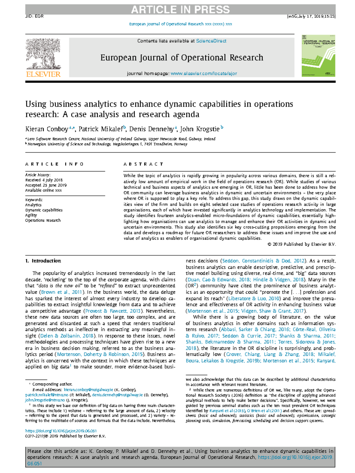 Kieran Conboy, Patrick Mikalef, Denis Dennehy , John Krogstie (2018 ...