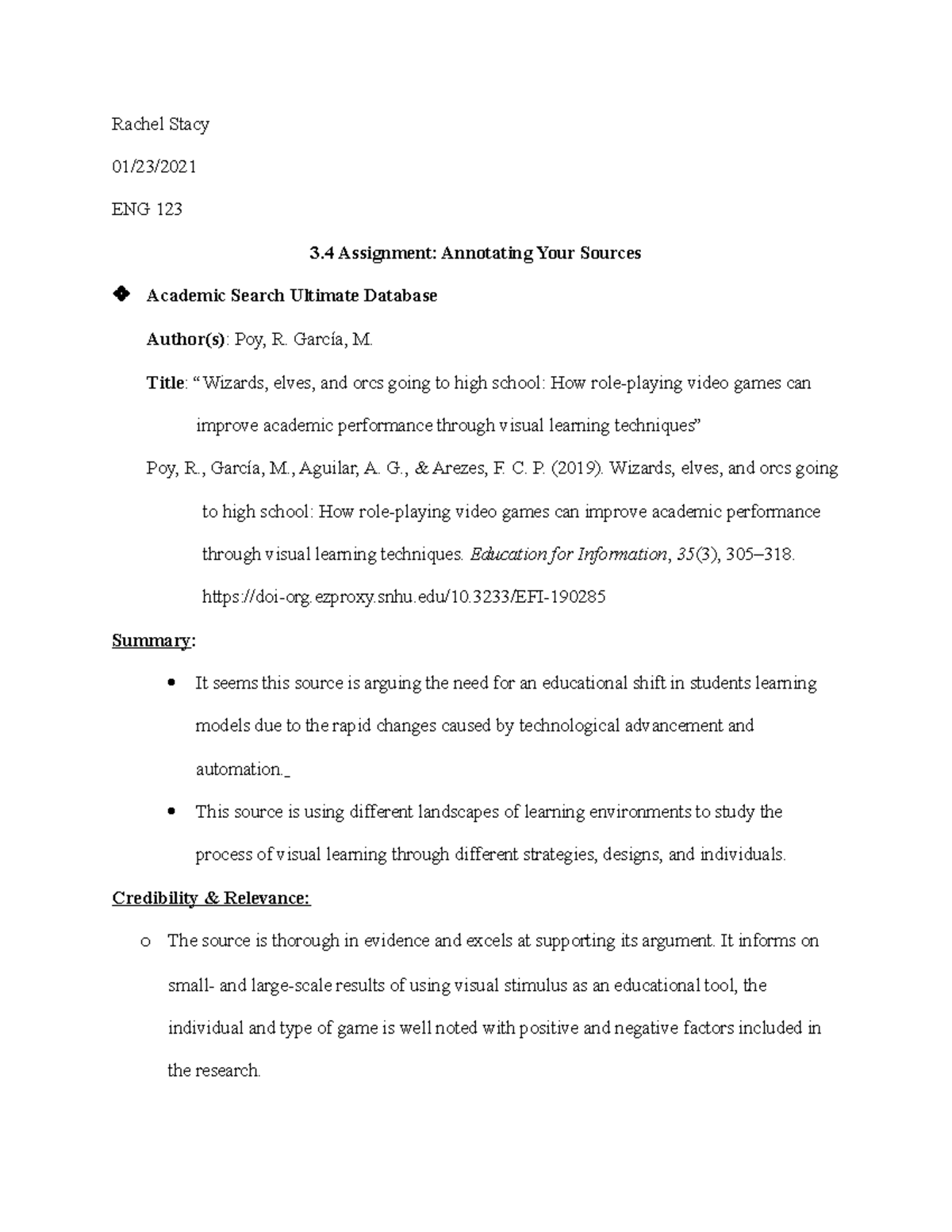 ENG123 Annotating Your Sources 3-4 - Rachel Stacy 01/23/ ENG 123 3 Assignment: Annotating Your ...