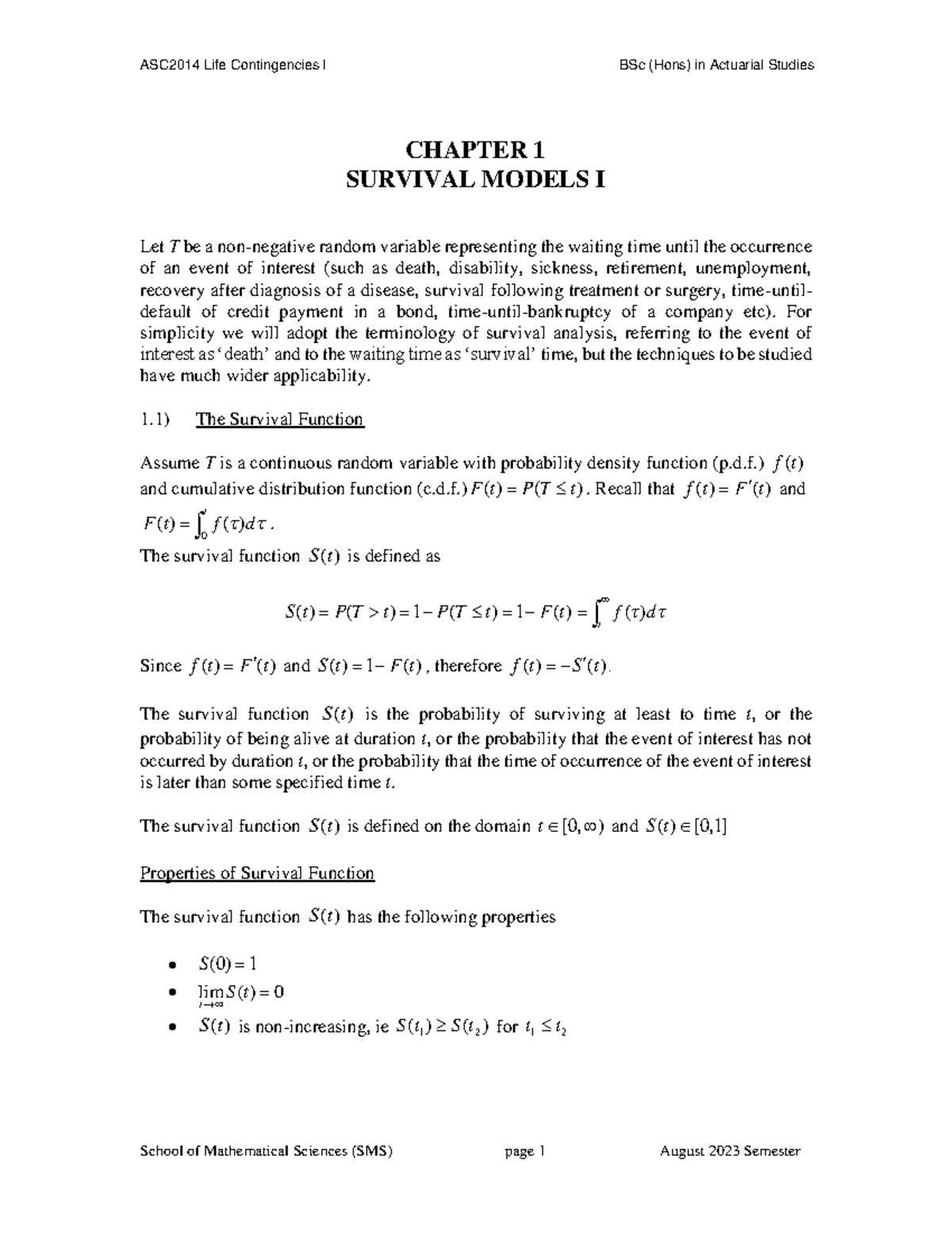 Lecture Notes (Chapter 1) ASC2014 Life Contingencies I - CHAPTER 1 ...