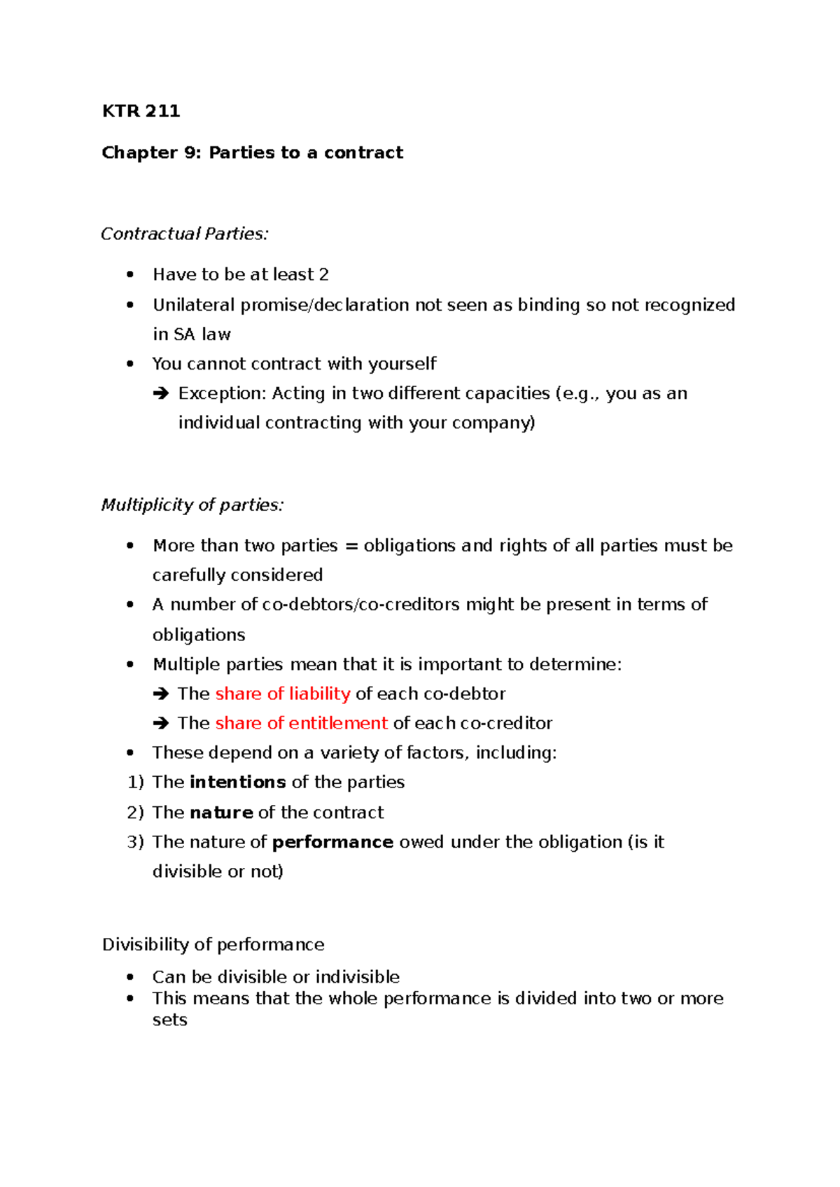 Chapter 9-10 - Summary Law of Contracts 211 - KTR 211 Chapter 9: Parties to a contract ...