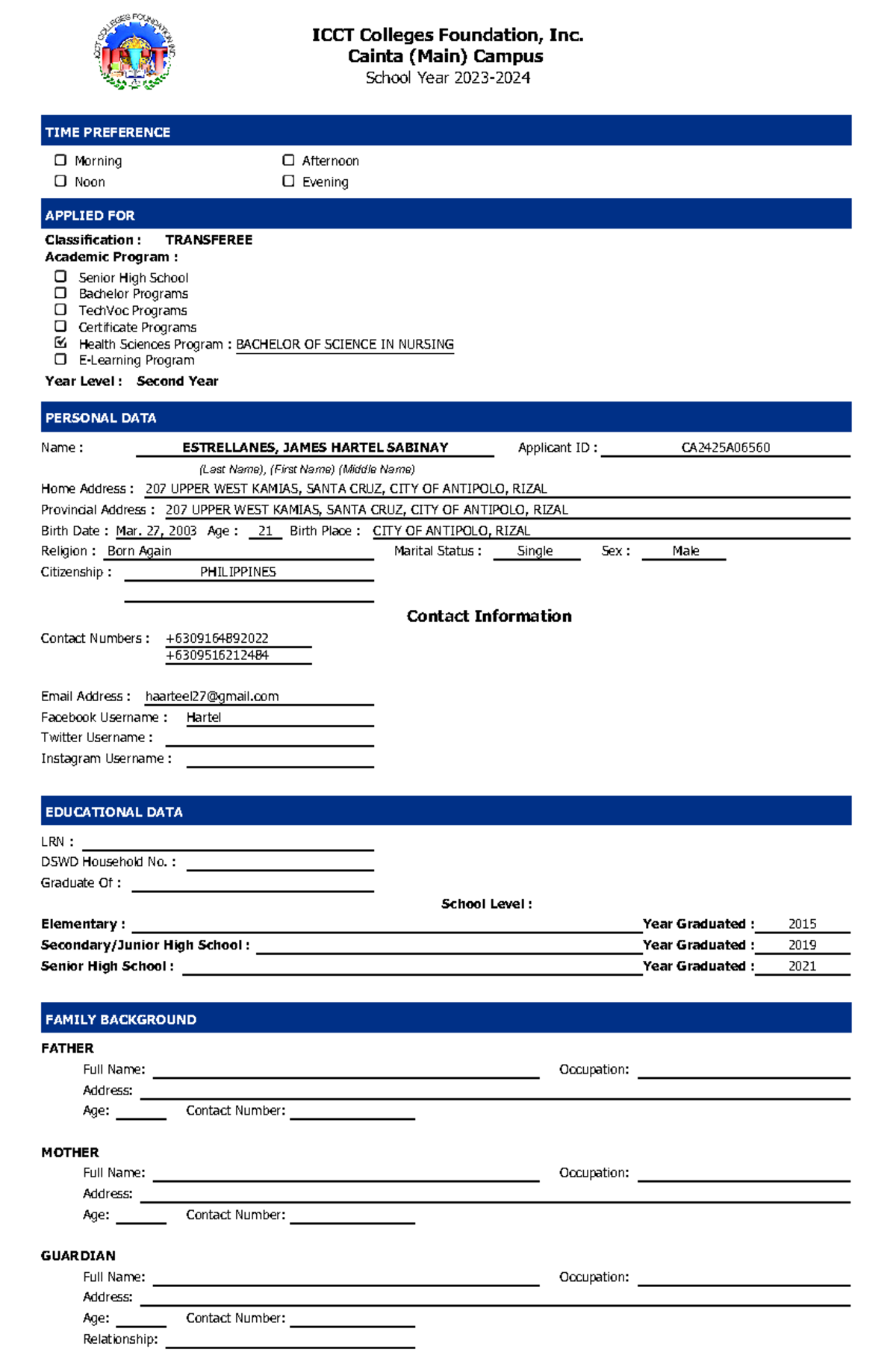 Icctapplication Form - ICCT Colleges Foundation, Inc. Cainta (Main ...