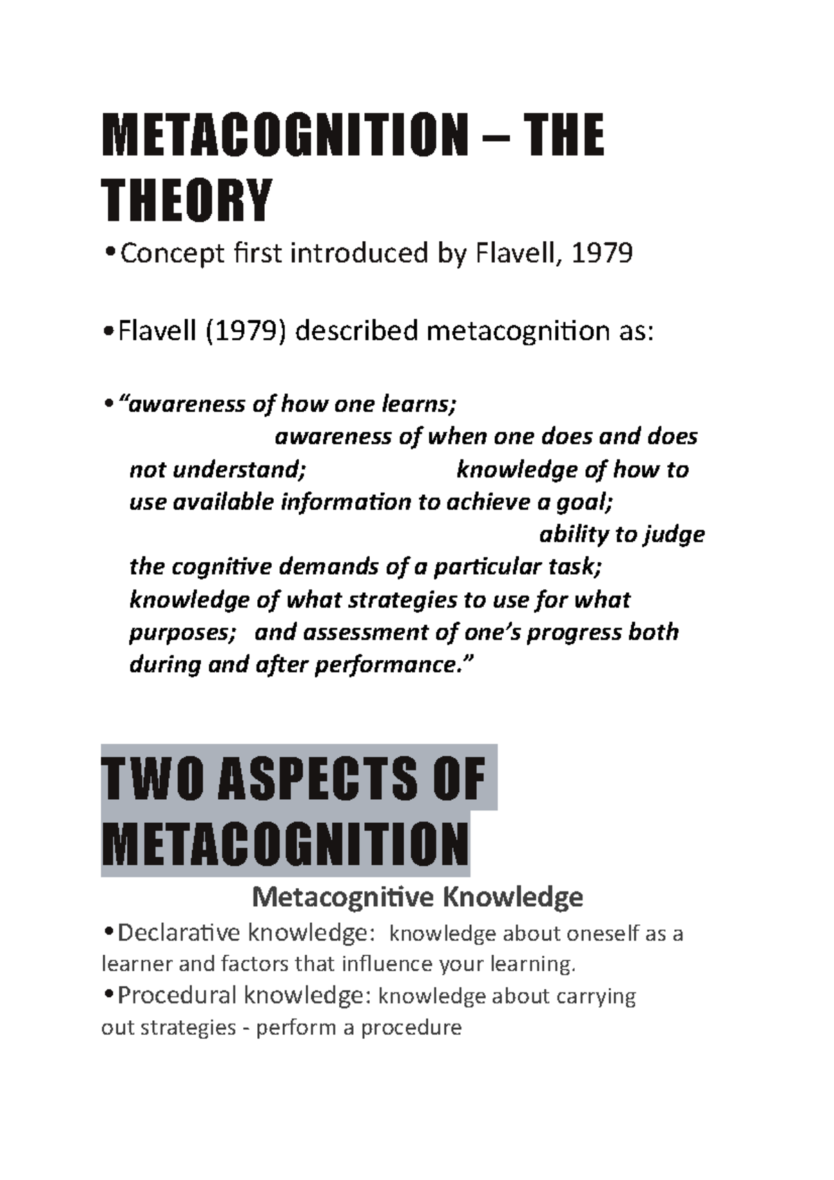 Metacogniton 1 - Lecture notes 1 - METACOGNITION – THE THEORY Concept ...