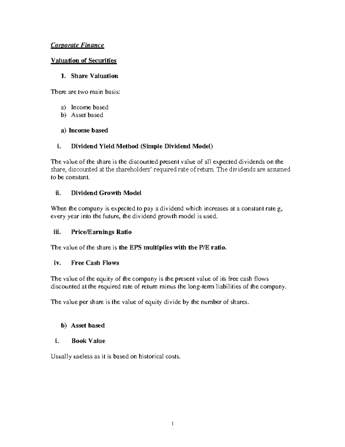 Valuation of Securities - Corporate Finance Valuation of Securities ...