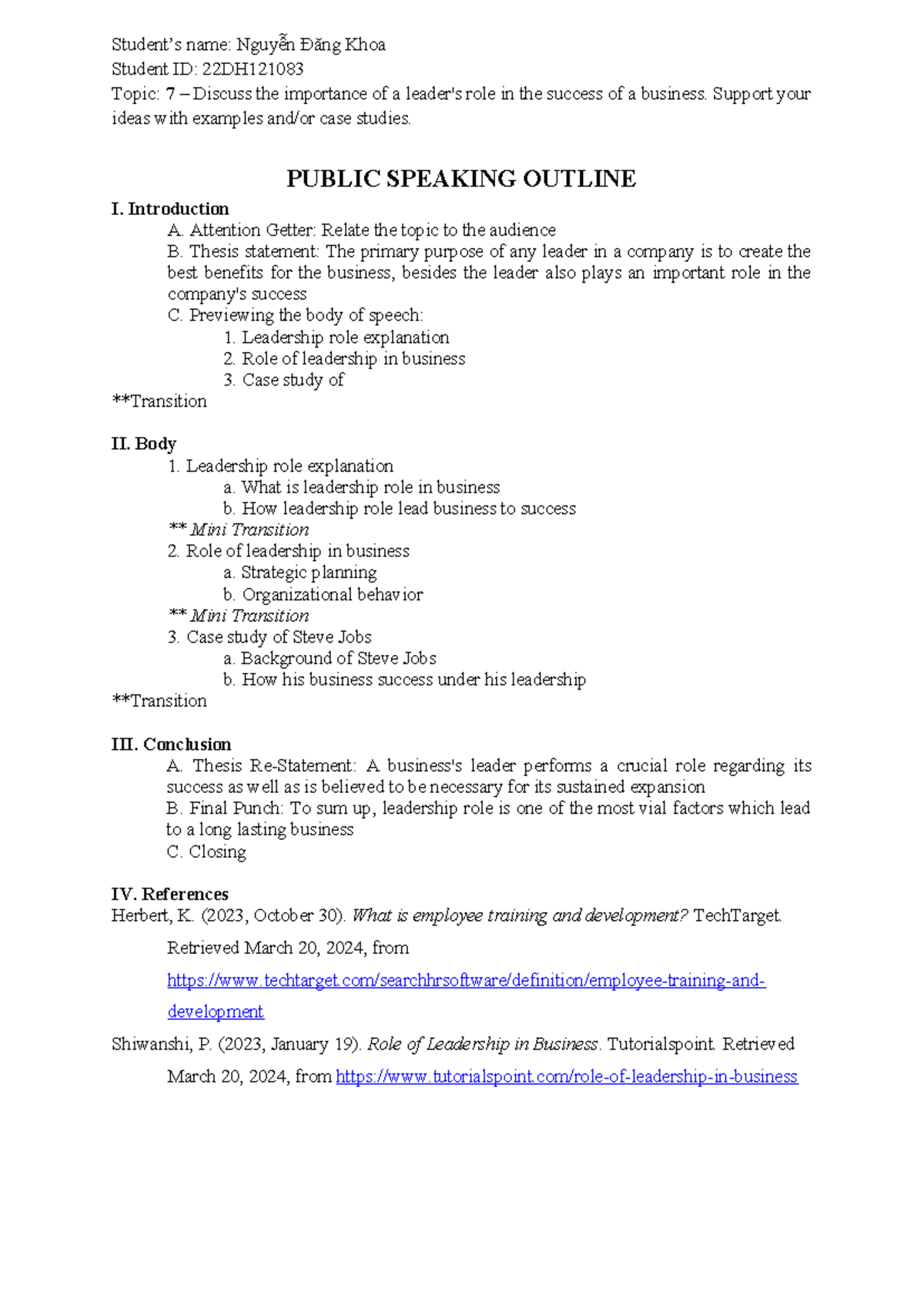 PS- Outline- Final - TACN - Student’s name: Nguyễn Đăng Khoa Student ID ...