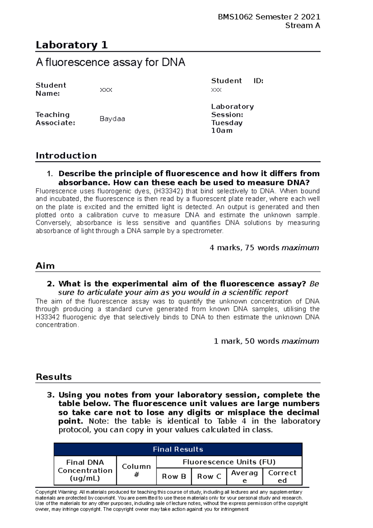 Lab1 Post-Laboratory - BMS1062 Semester 2 2021 Stream A Laboratory 1 A ...