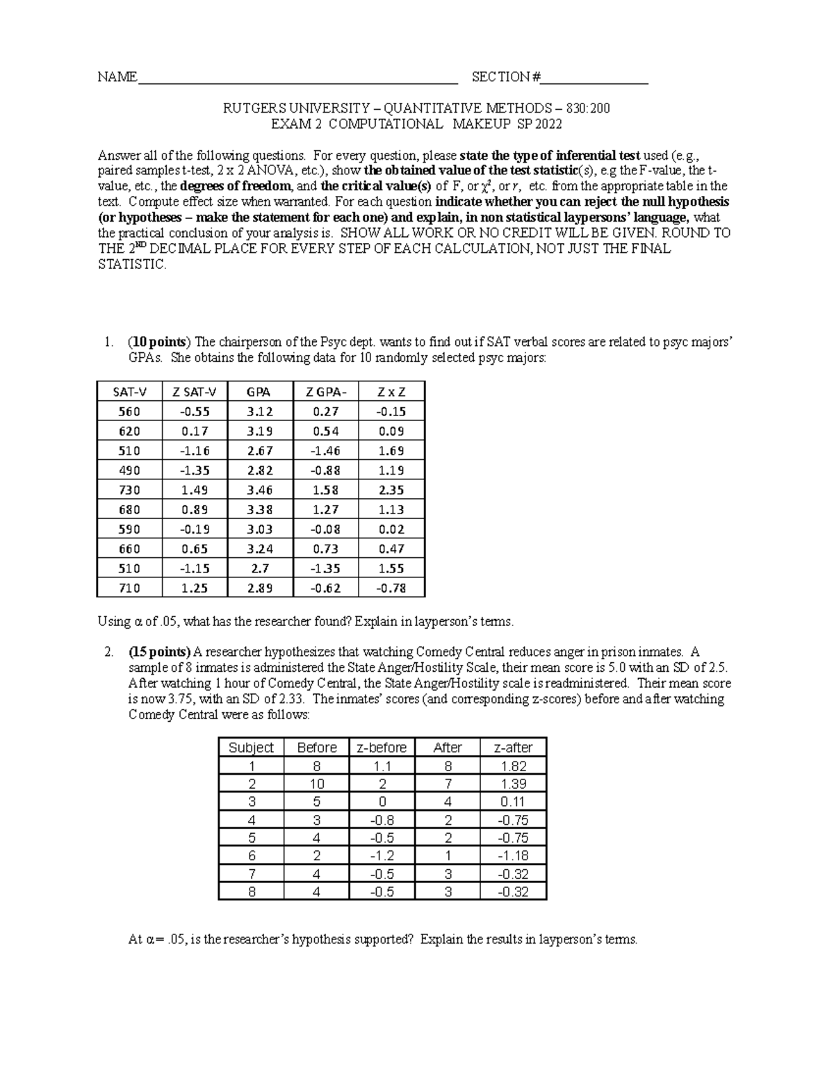 Exam 2 Computational Makeup Sp2022 Name Section
