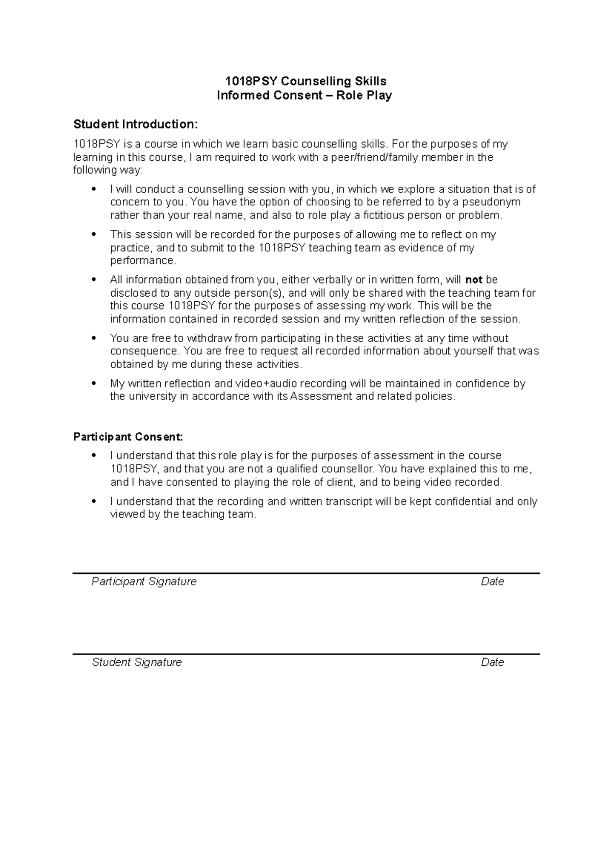 Informed consent 1018PSY - 1018PSY Counselling Skills Informed Consent ...