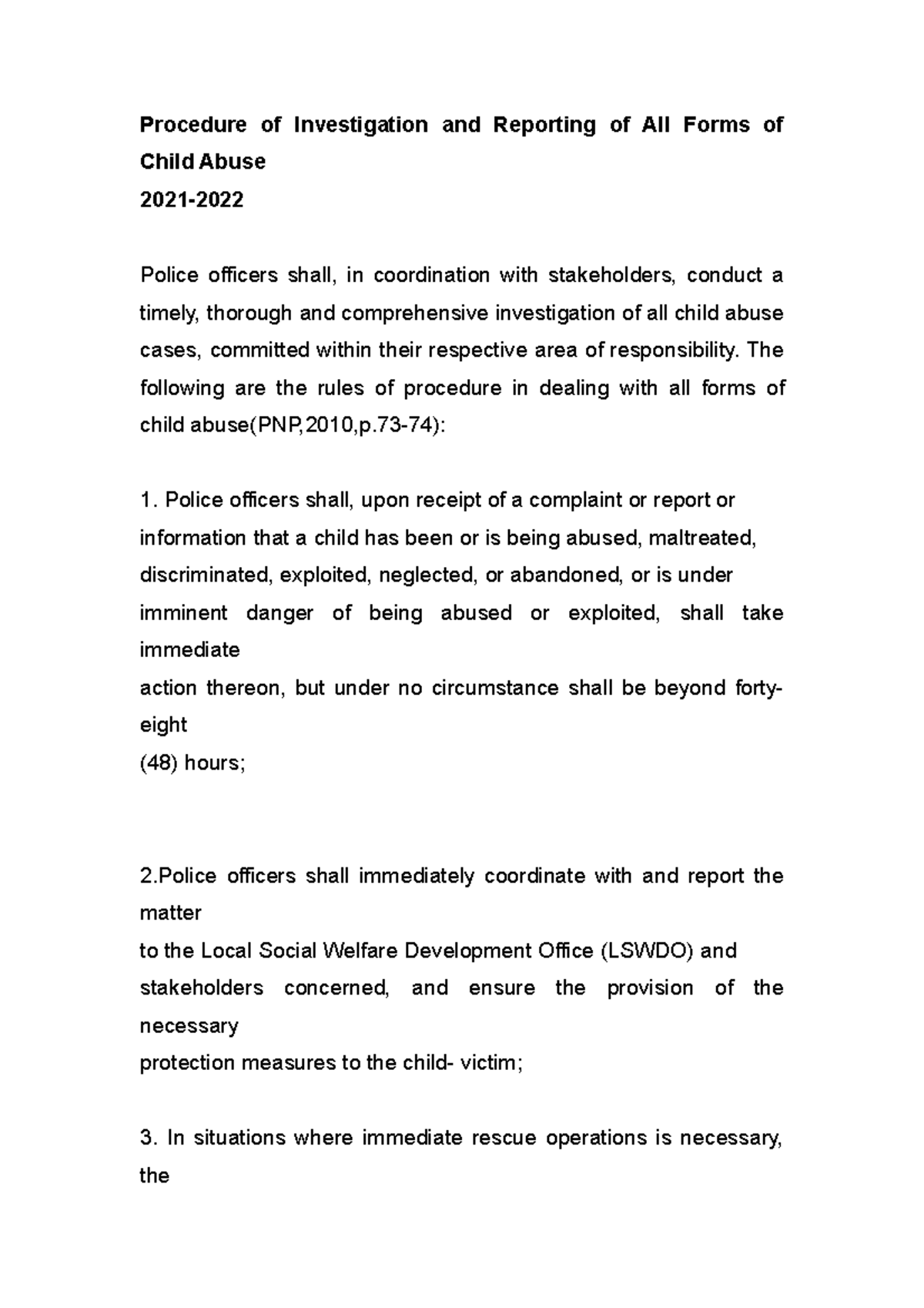 Procedure of Investigation and Reporting of All Forms of Child Abuse ...