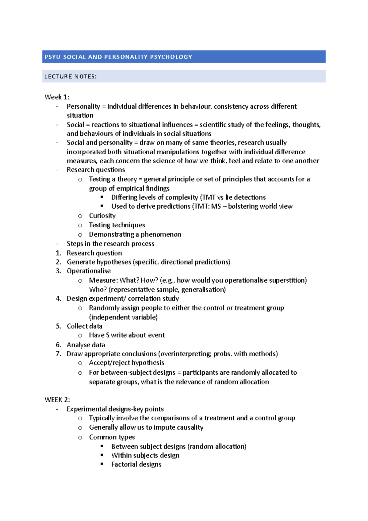 Lecture notes - PSYU SOCIAL AND PERSONALITY PSYCHOLOGY LECTURE NOTES ...