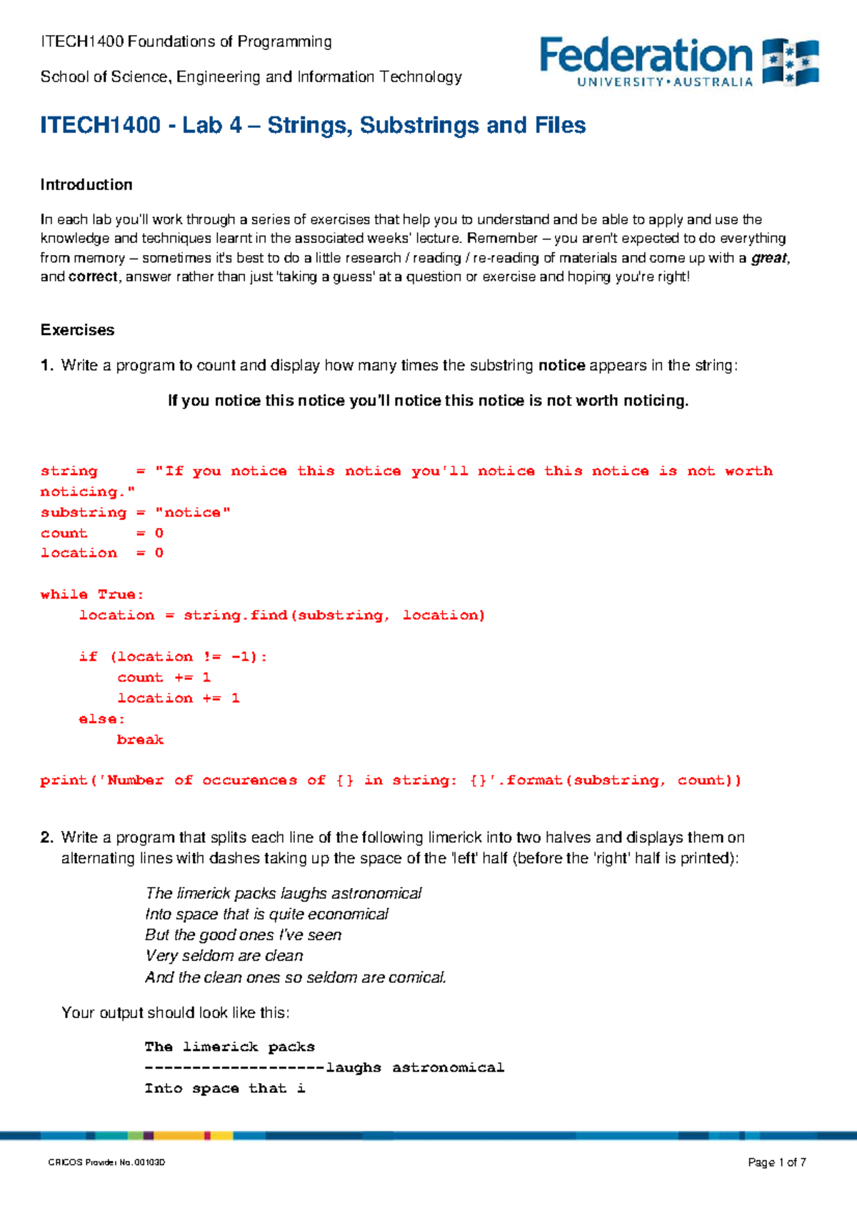 Lab 04 - Strings, Substrings and Files Answers - School of Science, Engineering and Information ...