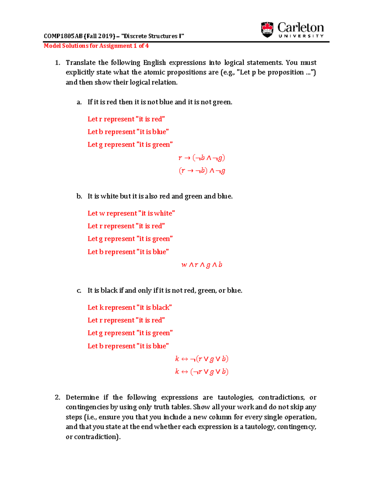 Model Solutions for Assignment 1 - COMP1805AB (Fall 2019) "Discrete Structures I" Model - Studocu