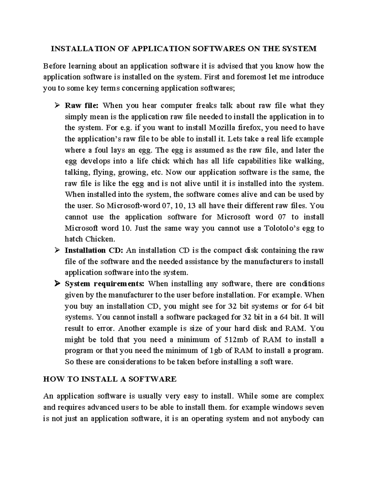 BCA-C101-SM10 - Notes of bca - INSTALLATION OF APPLICATION SOFTWARES ON ...