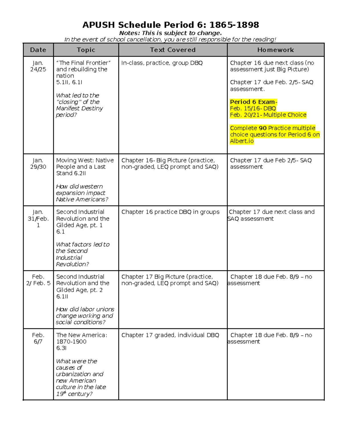 Period 6-Calendar - xumj - APUSH Schedule Period 6: 1865- Notes: This ...