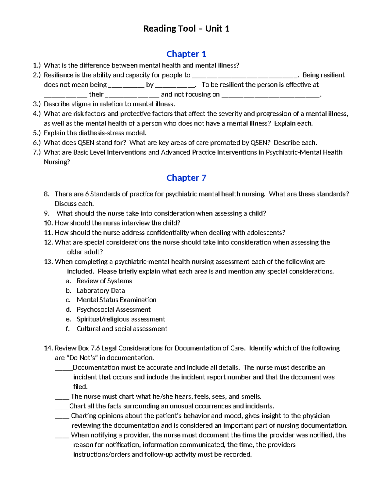 Unit 1 Reading Tool - lol - Reading Tool – Unit 1 Chapter 1 1.) What is ...