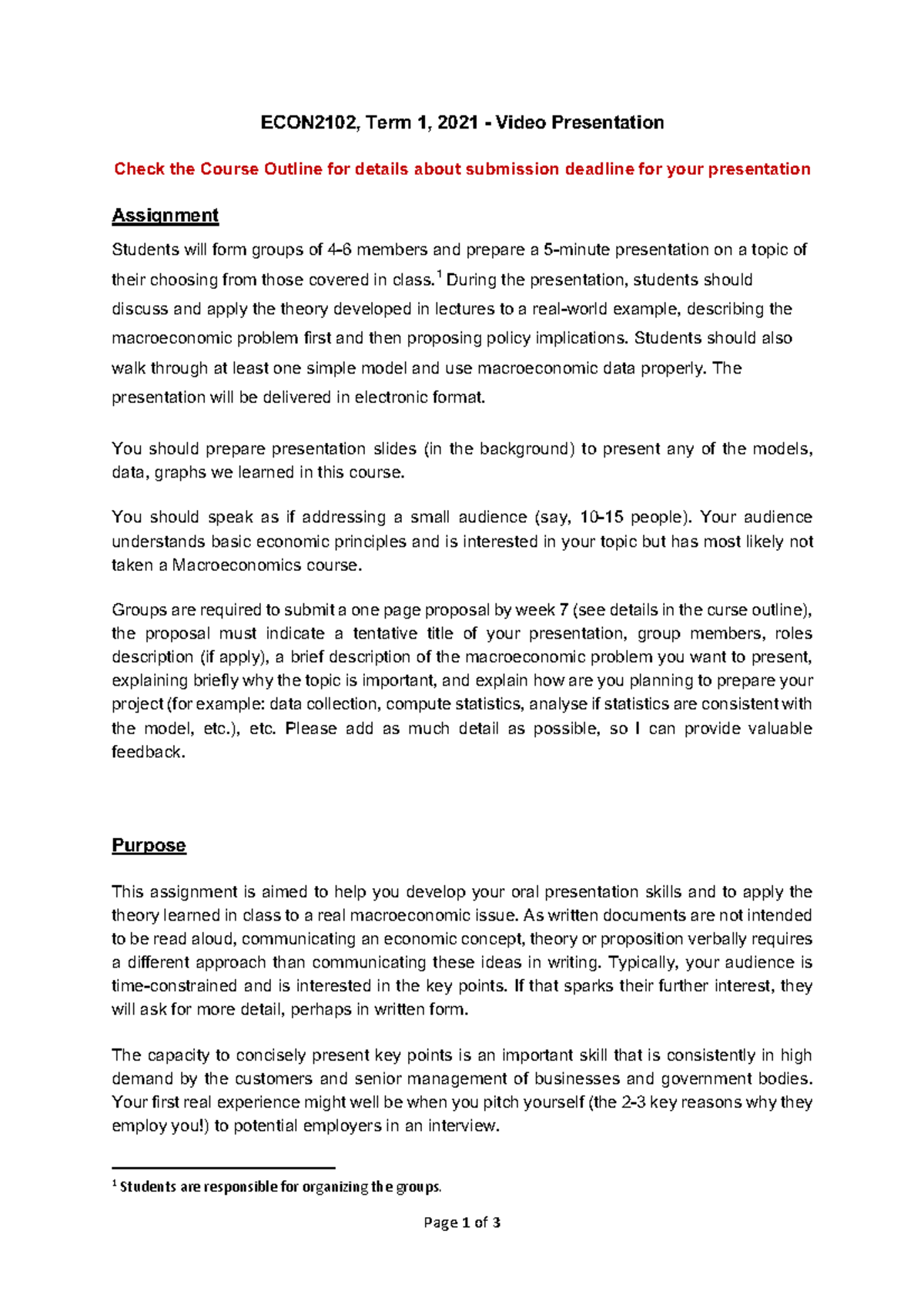 Final Presentation Rubric - Page 1 of 3 ECON2102, Term 1, 2021 - Video ...
