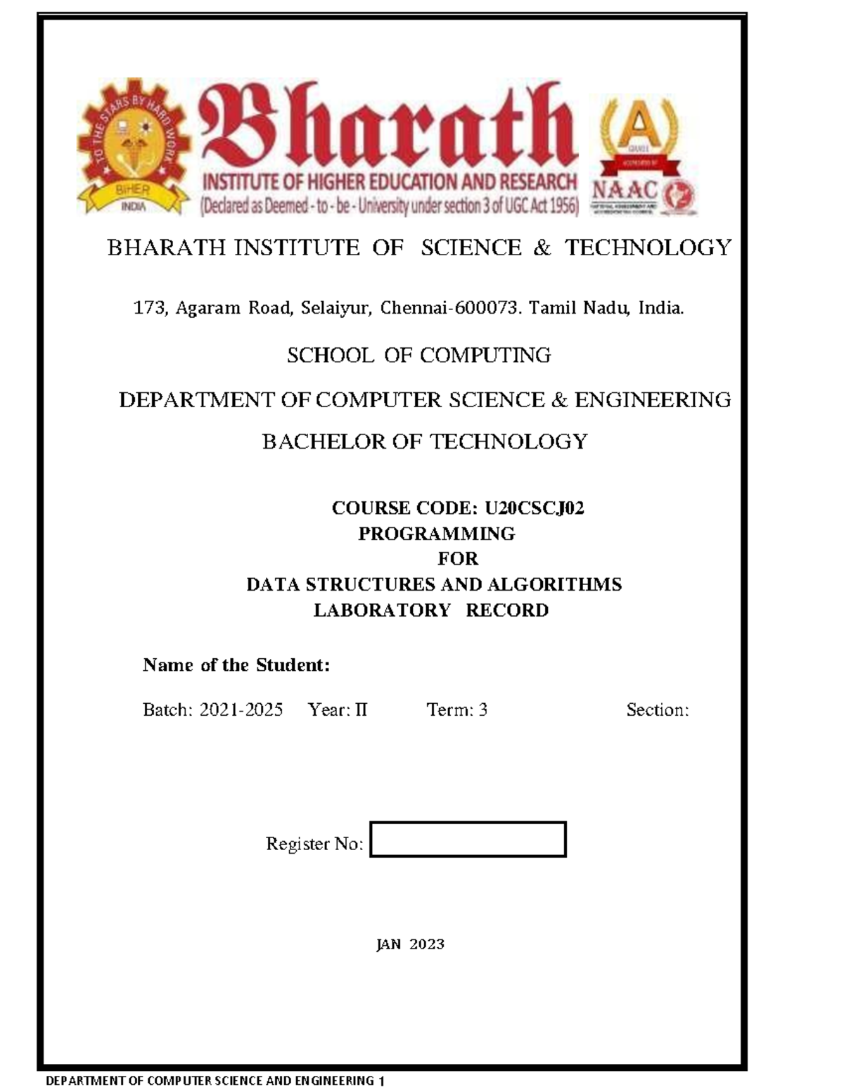 PDS Record - BHARATH INSTITUTE OF SCIENCE & TECHNOLOGY 173, Agaram Road, Selaiyur, - Studocu