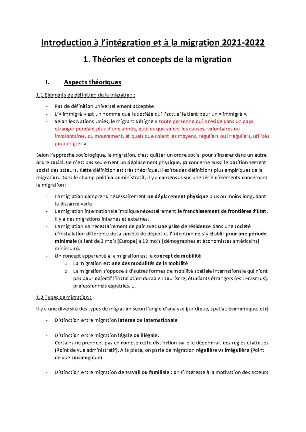 Migration synthèse - Introduction à l’intégration et à la migration 2021- 2022 1. Théories et ...