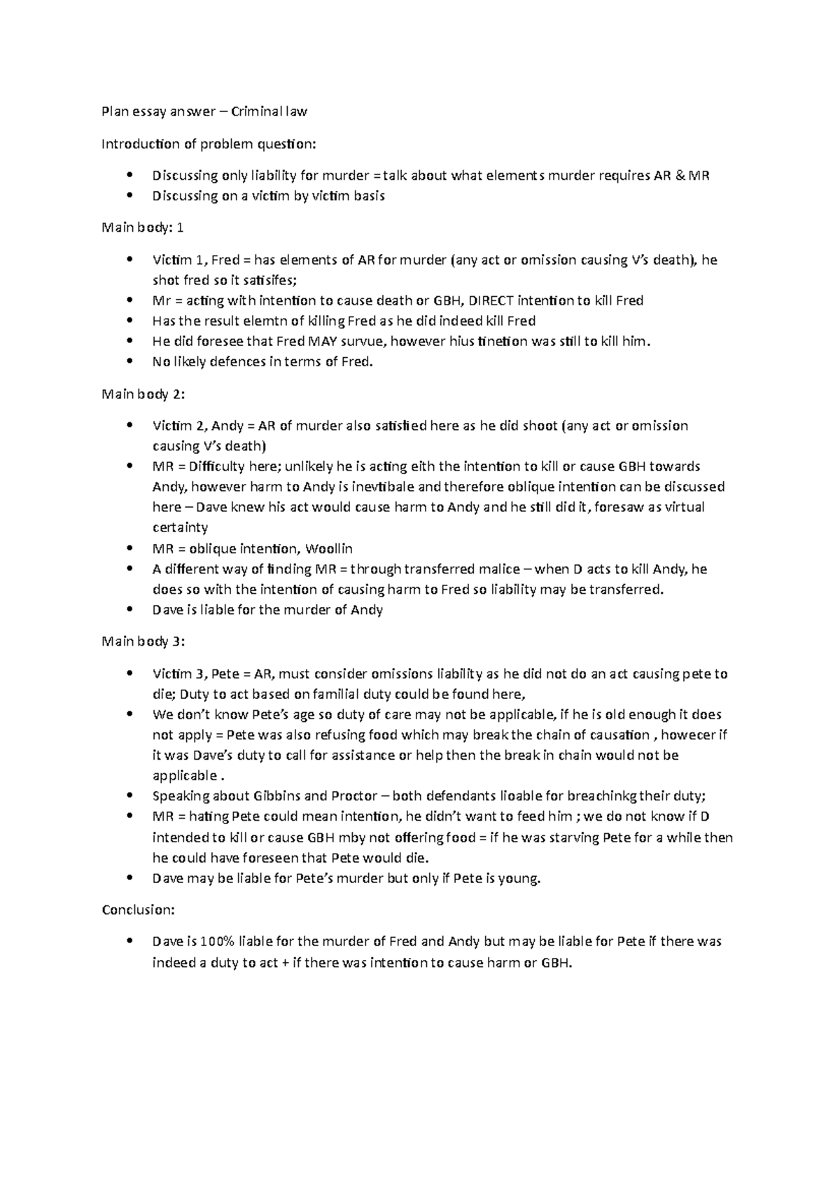 Plan for the formative essay 2021/22 - Plan essay answer – Criminal law ...