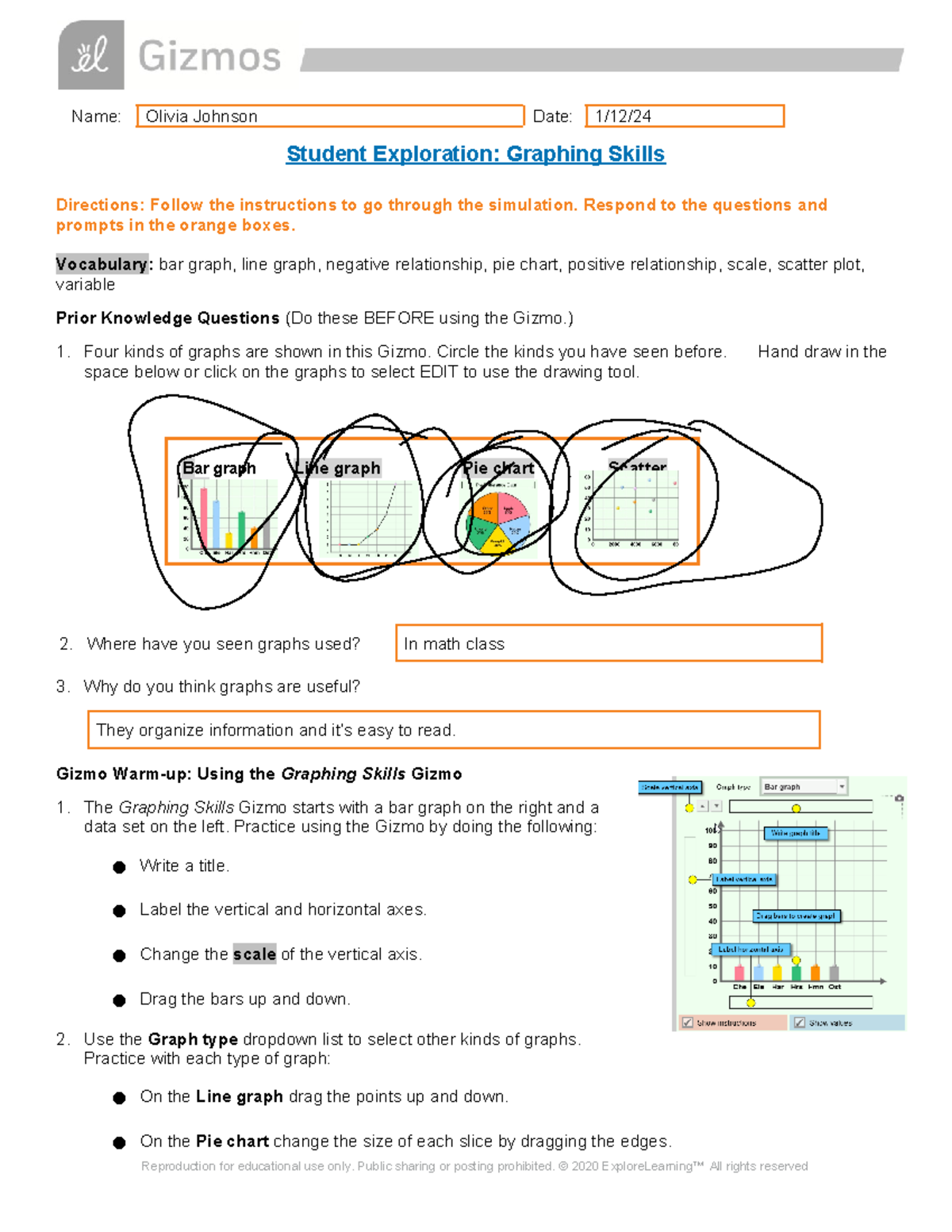 Gizmo- Graphing Skills - Name: Olivia Johnson Date: 1/12/ Student Exploration: Graphing Skills ...