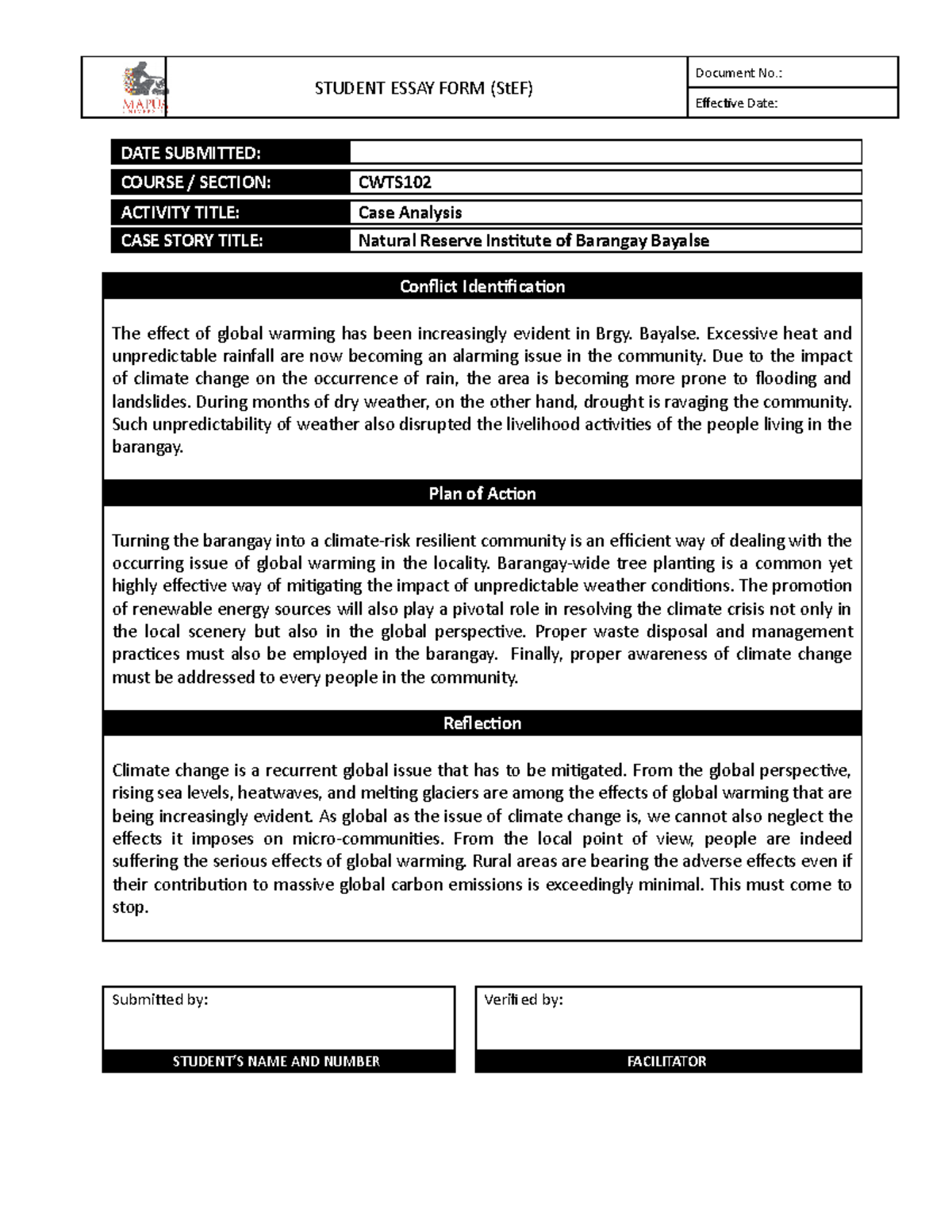 Form - Case analysis Essay Natural Reserve Institute of Barangay ...