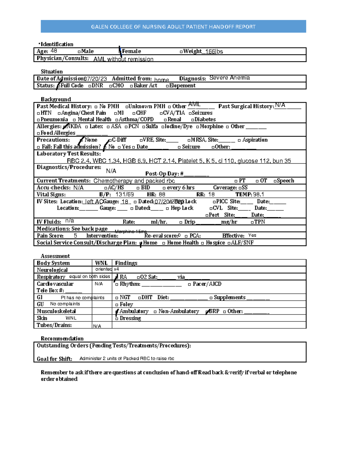 Patient Handoff Reportwk 5 - GALEN COLLEGE OF NURSING ADULT PATIENT ...