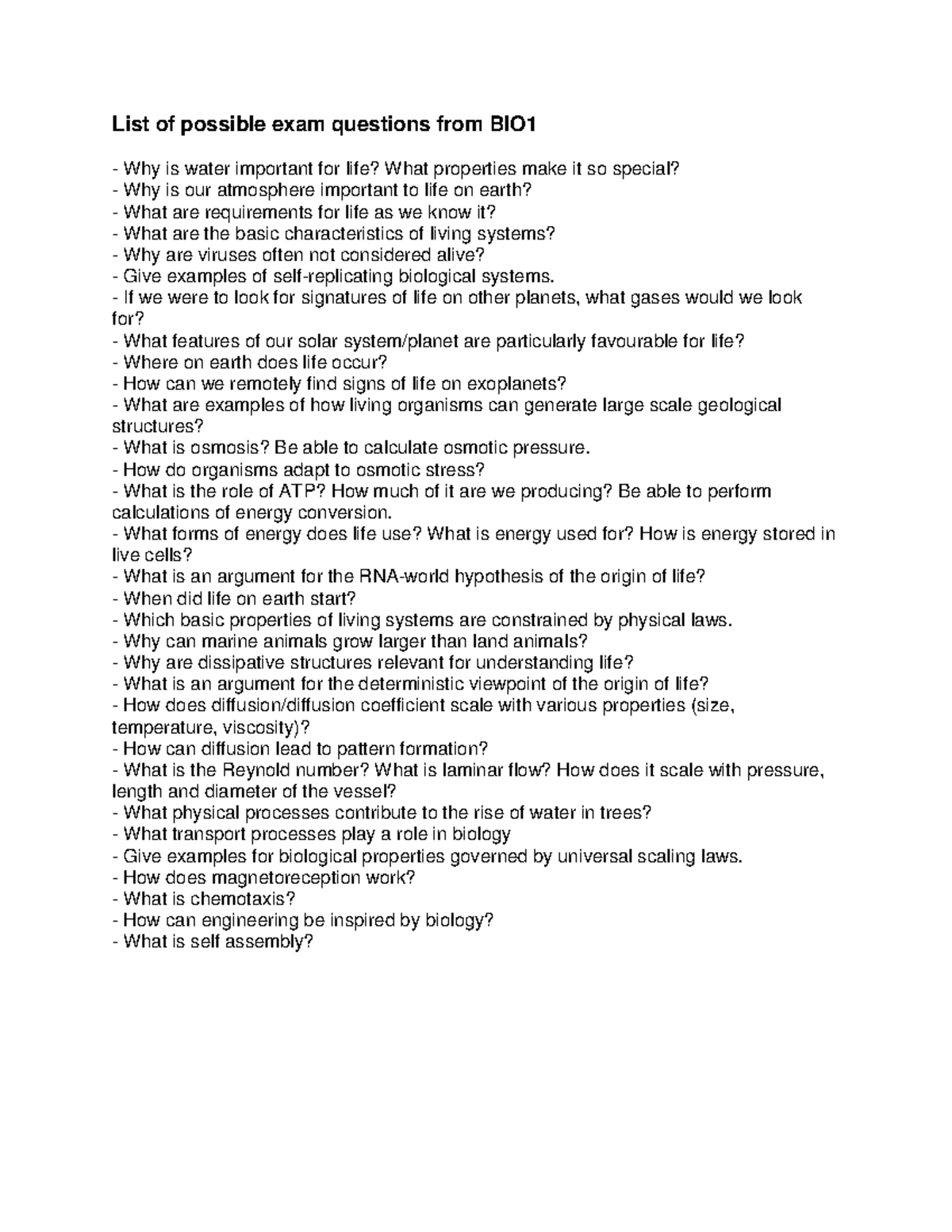 BIO1 exam questions - bio1 q - List of possible exam questions from BIO ...