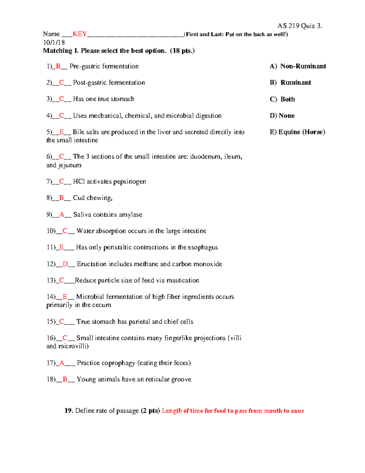 AS 219 Quiz 3 version 1 - AS 219 Quiz 3. Name and Last: Put on the back ...