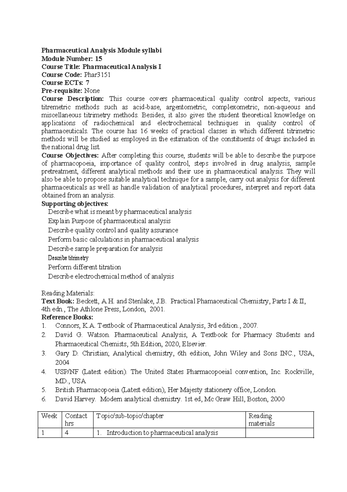 Pharmaceutical analysis I course outline - Pharmaceutical Analysis ...