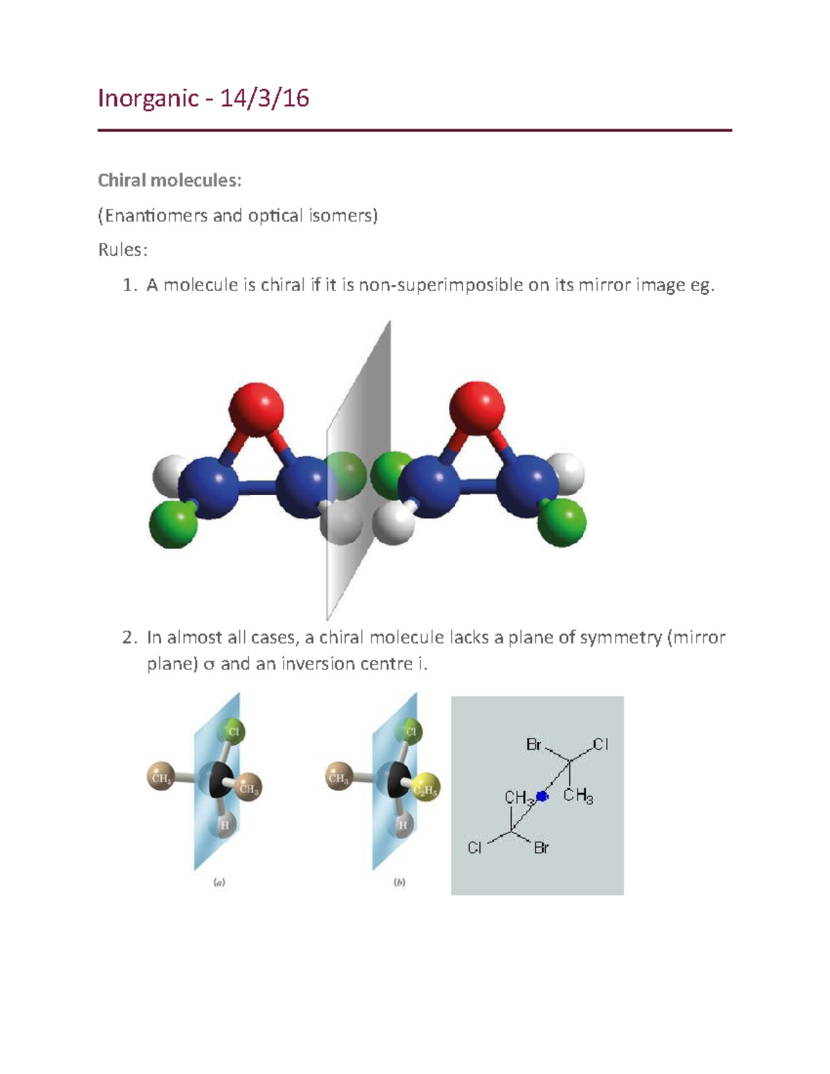 Inorganic - lecture 5 - Inorganic - 14/3/16 Chiral molecules ...